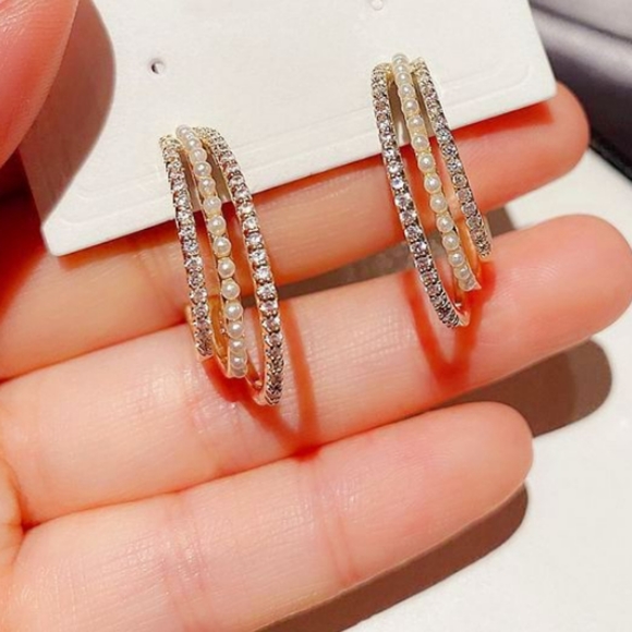 Jewelry | New Yellow Gold Plated Diamond Pearl Triple Hoops | Poshmark